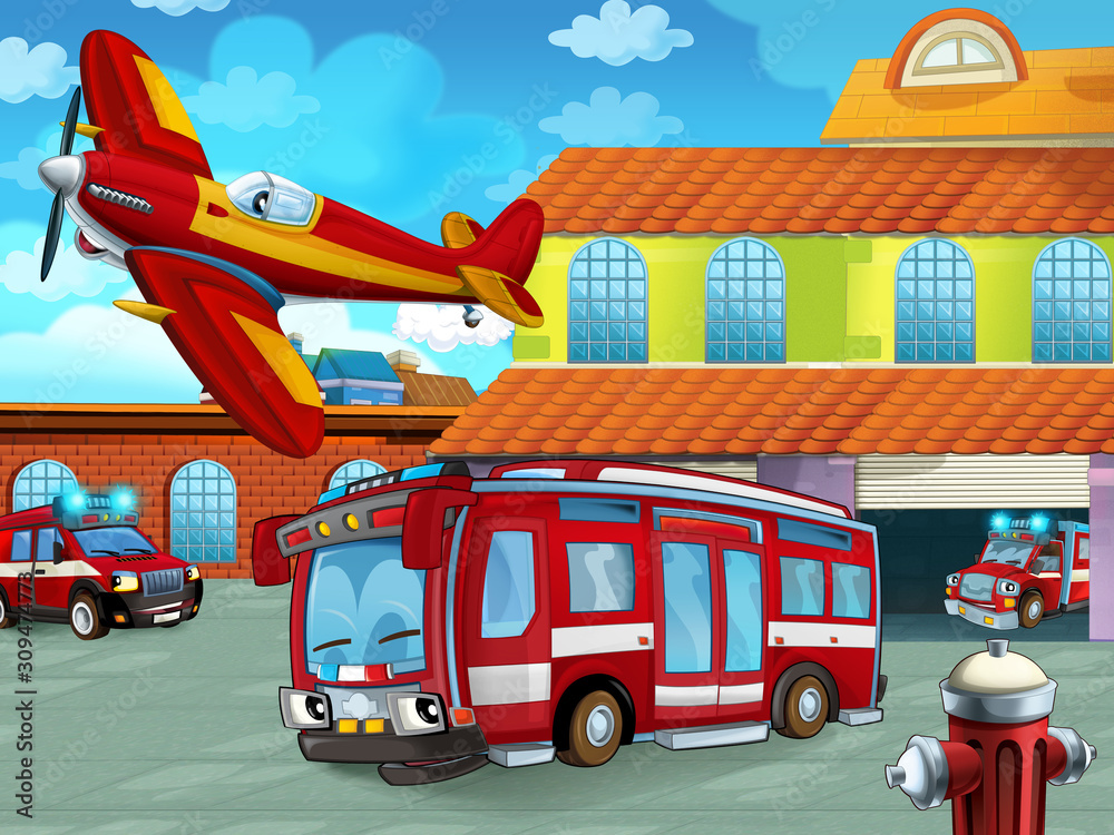 cartoon scene with fireman vehicle on the road near the fire station ...