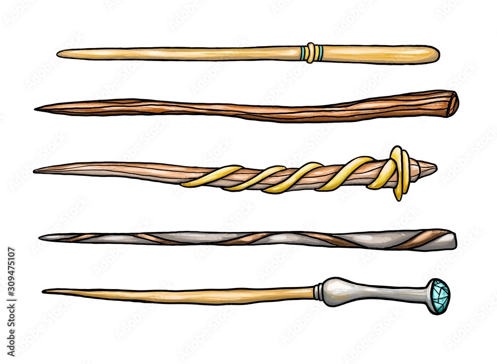Set of five magic wooden wands isolated on white background. Wizard ...