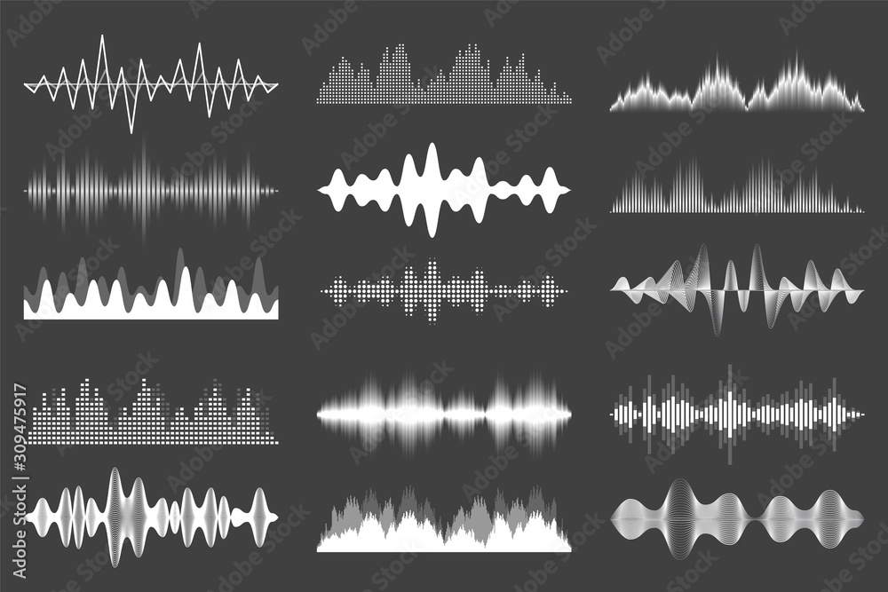 Sound waves collection. Analog and digital audio signal. Music ...