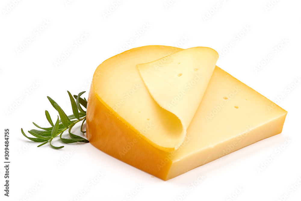 Hard Dutch gouda cheese, isolated on white background Stock Photo ...