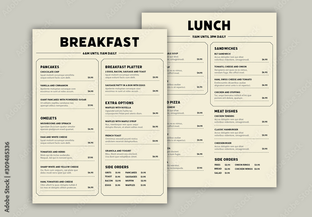 Cream Menu Layout Set Stock Template | Adobe Stock
