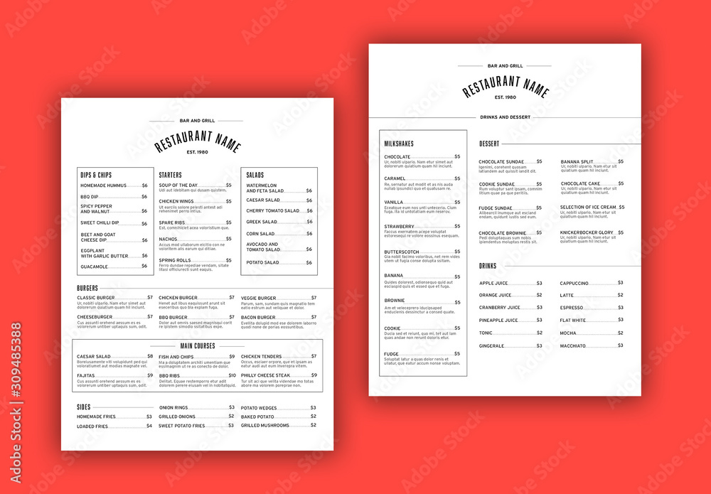 White Menu Layout Set Stock Template | Adobe Stock