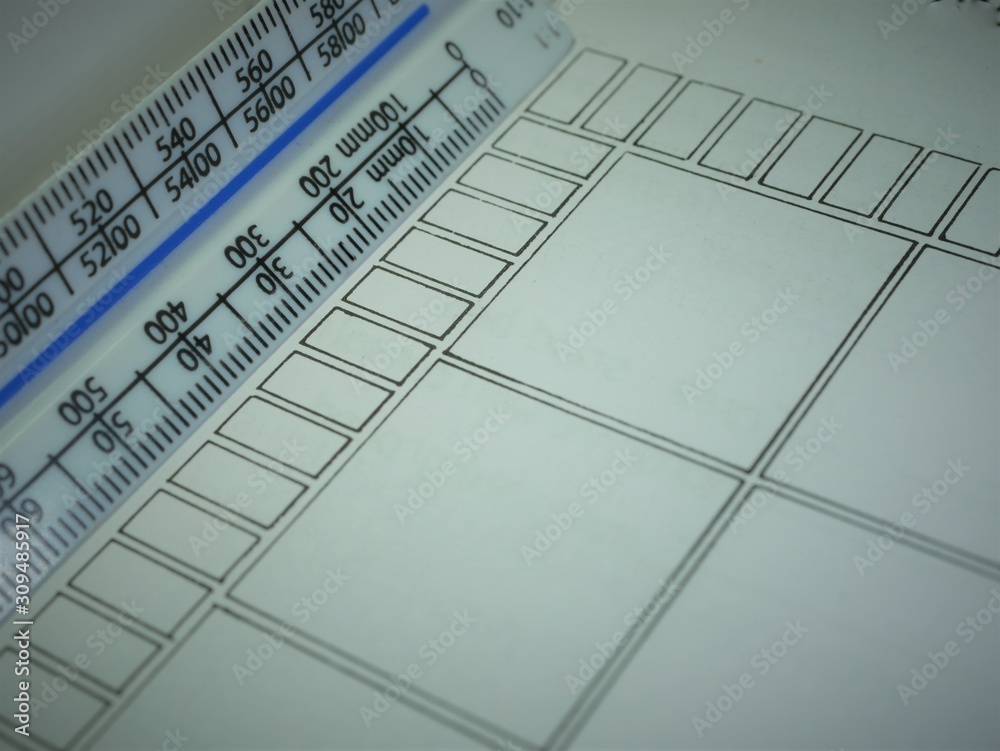 Technical detail close up of metric scale ruler and plan drawing foto ...