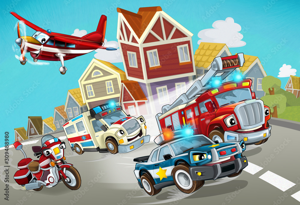 cartoon scene with fireman vehicle on the road with police car and ...