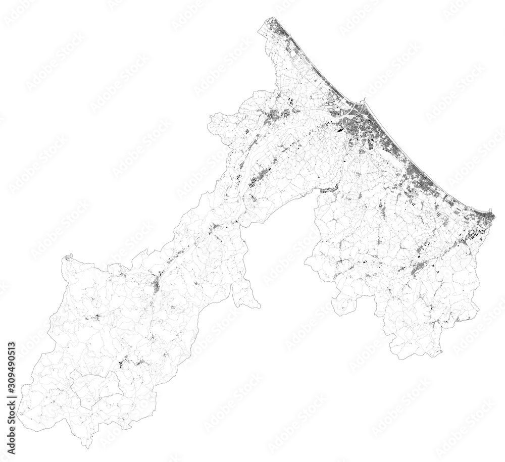 Satellite map of Province of Rimini towns and roads, buildings and ...