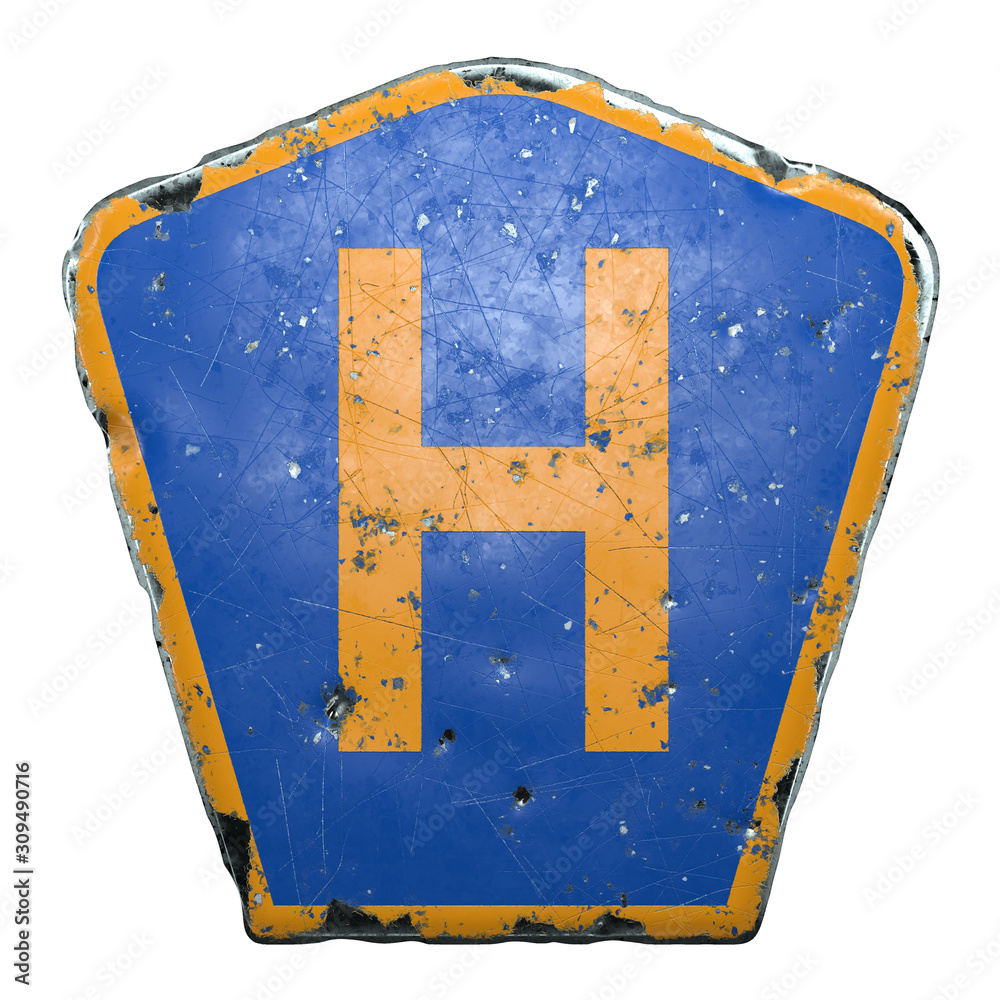 Public road sign in blue and orange color with a capitol letter H in ...
