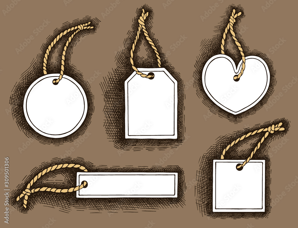 Vector illustration of sketch hand drawn set of engraving tags. Heart ...