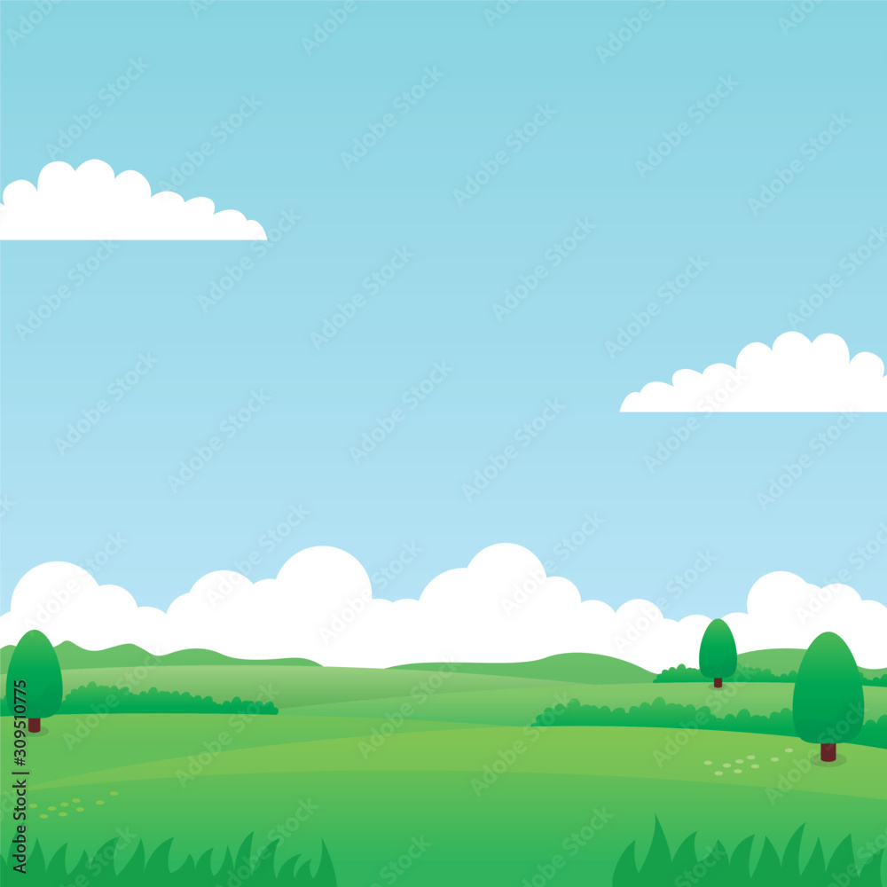 Nature Landscape Vector With Green Grass Trees Blue Sky And Clouds Suitable For Background Or