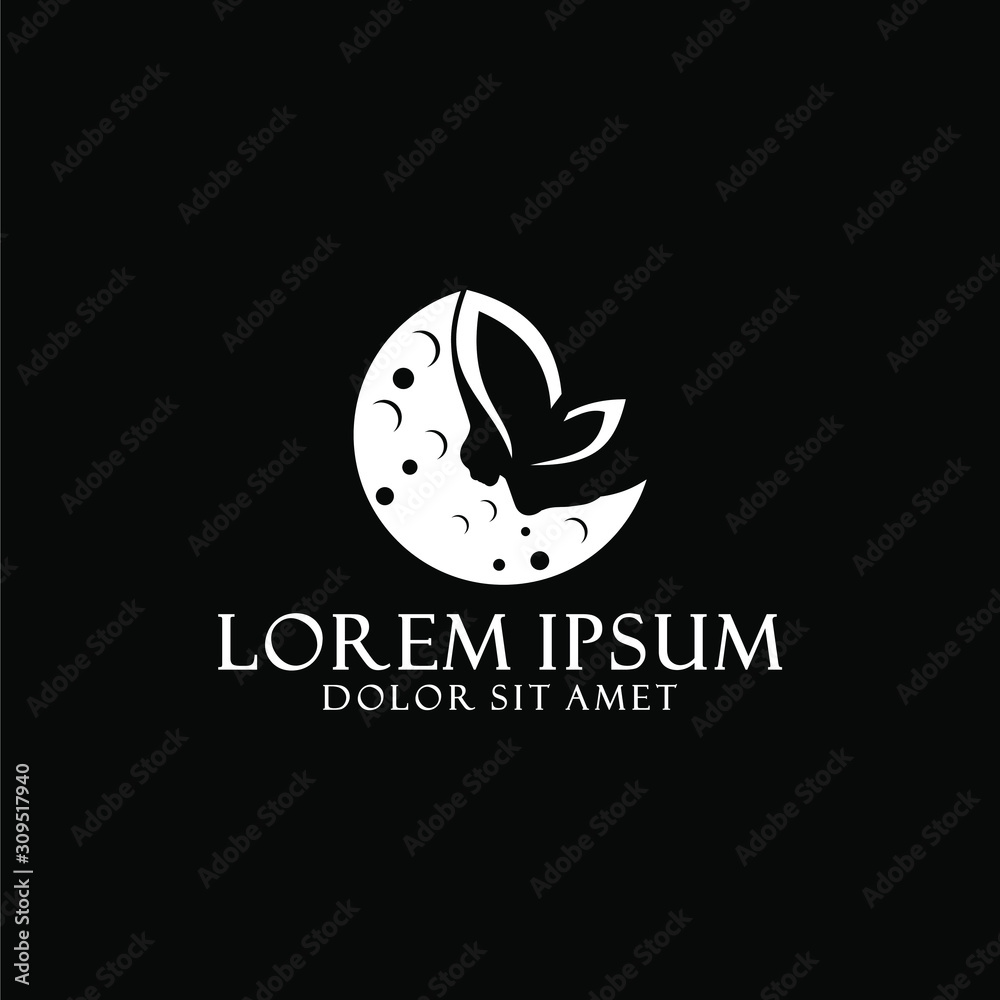 Fallen angel logo template with moon and woman wing silhouette in flat ...