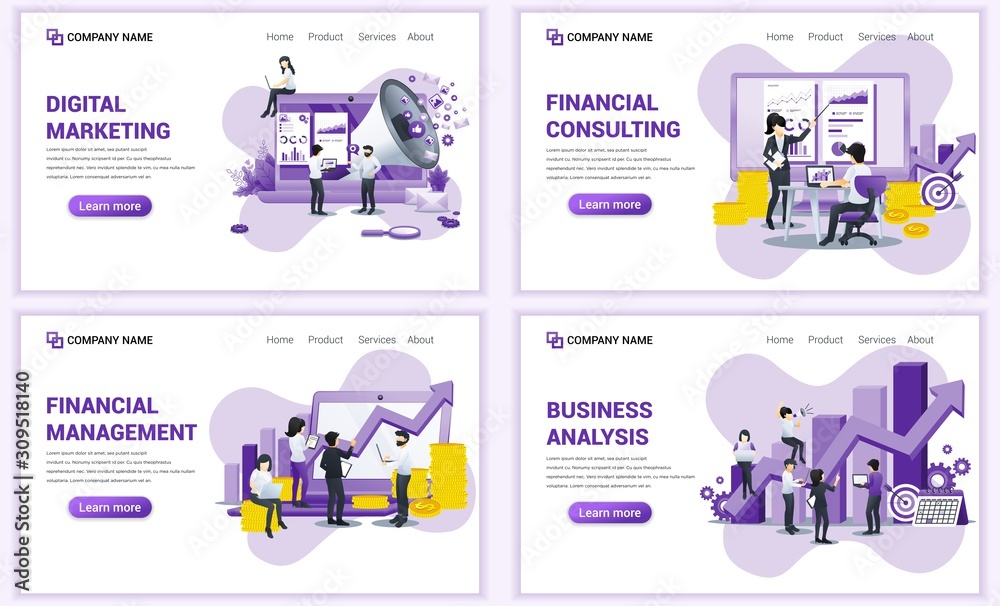 Set of web page design templates for financial analysis, investment and ...