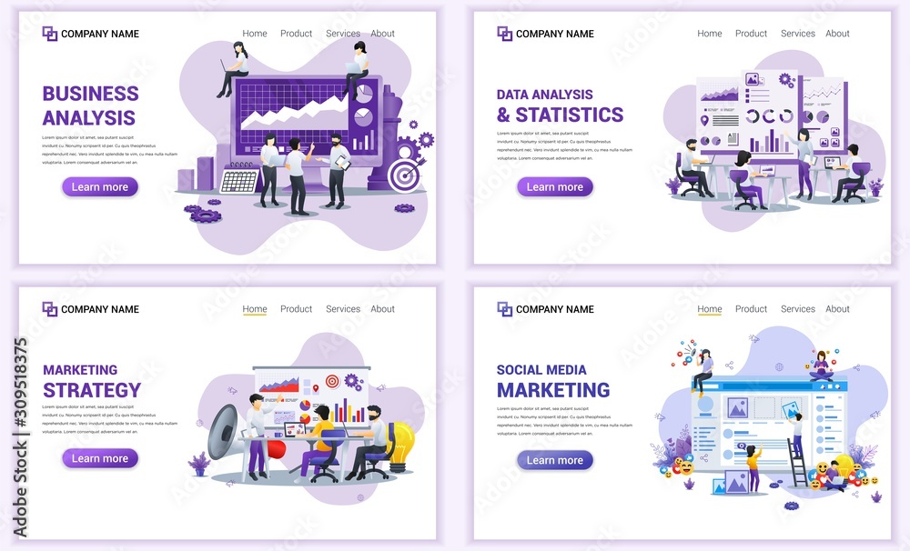 Set of web page design templates for business analysis and statistics ...