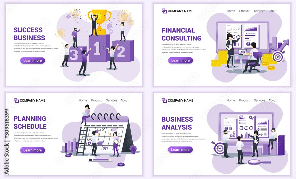 Set of web page design templates for business analysis, financial ...
