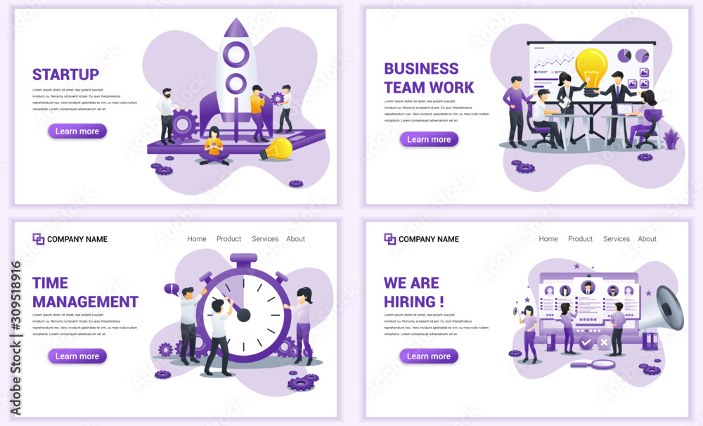 Set of web page design templates for startup, hiring, team work, time ...