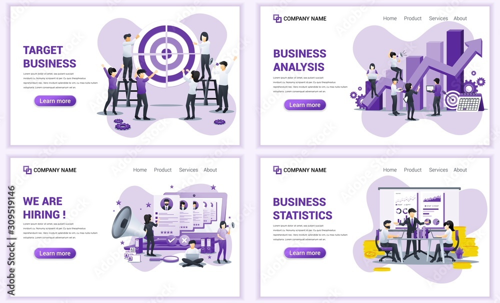 Set of web page design templates for target business, hiring, analysis ...