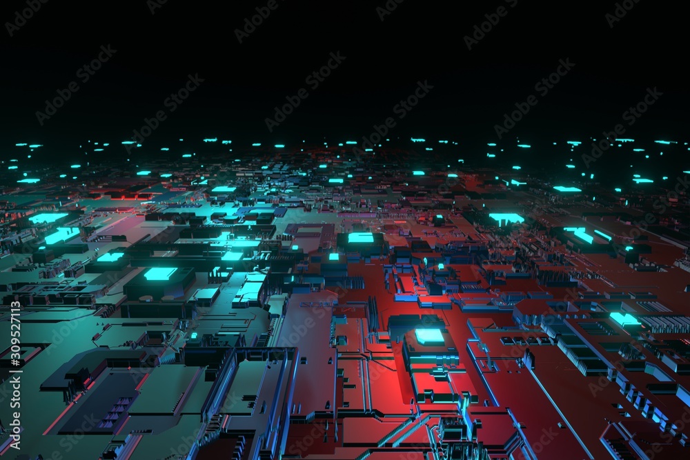 3d rendering futuristic blue circuit board with core processor concept ...