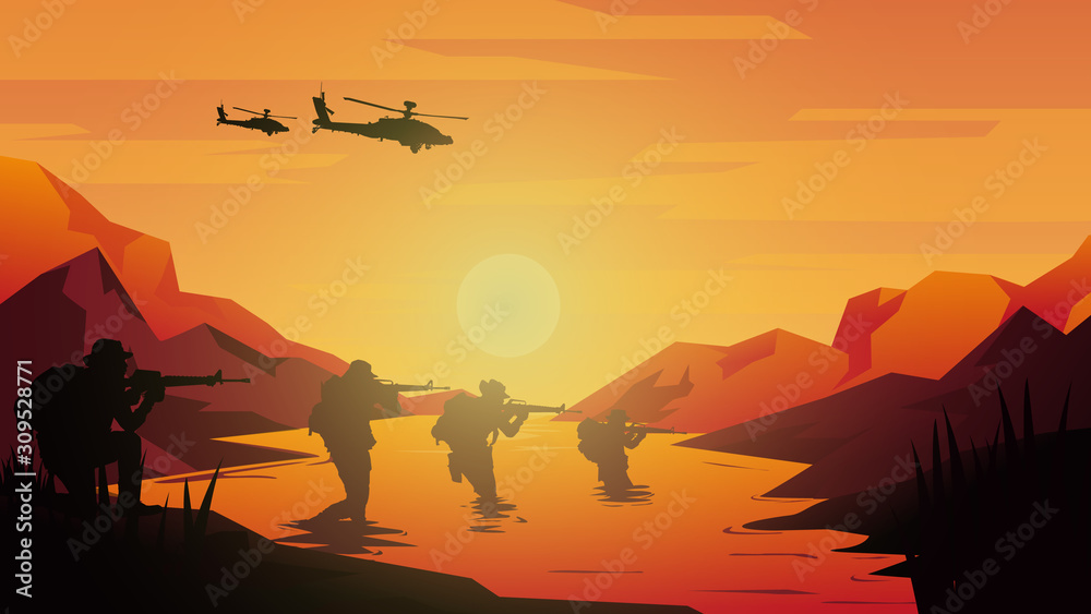 Military vector illustration, Army background, soldiers silhouettes ...
