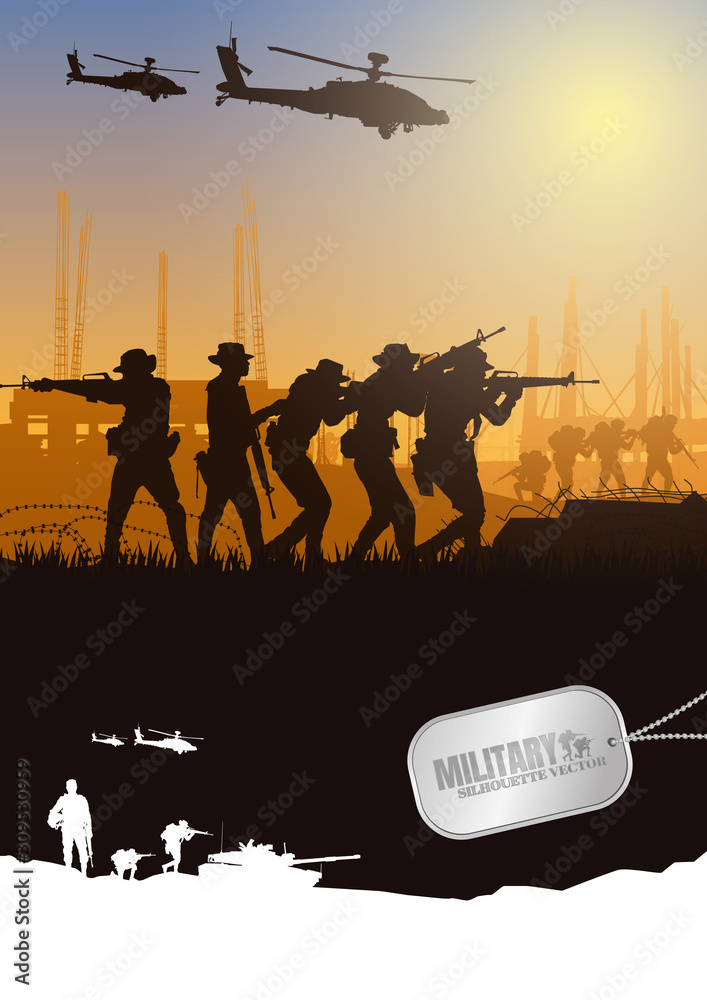 Military vector illustration, Army background, soldiers silhouettes ...