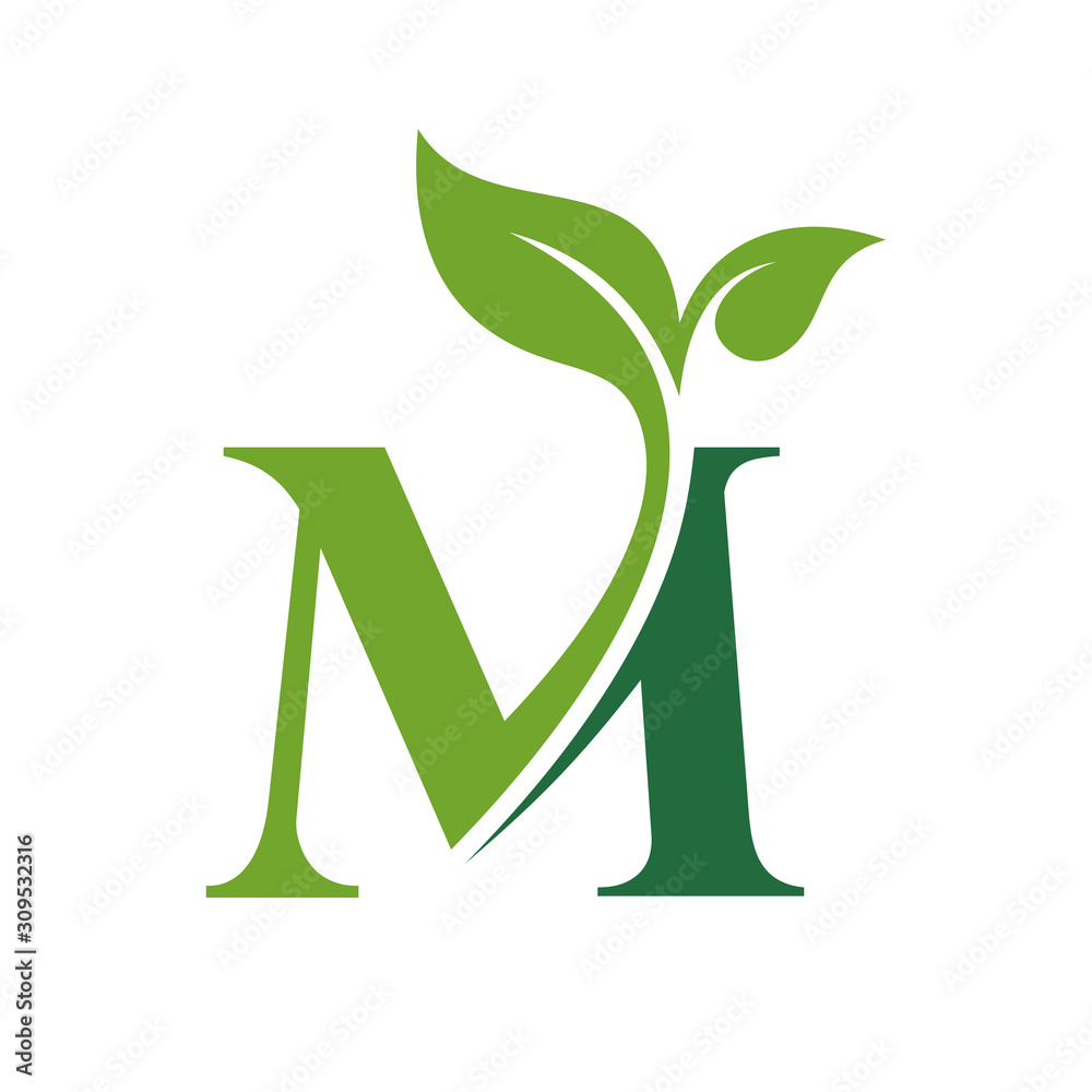 Initial Letter M With Leaf Luxury Logo. Green leaf logo Template vector ...