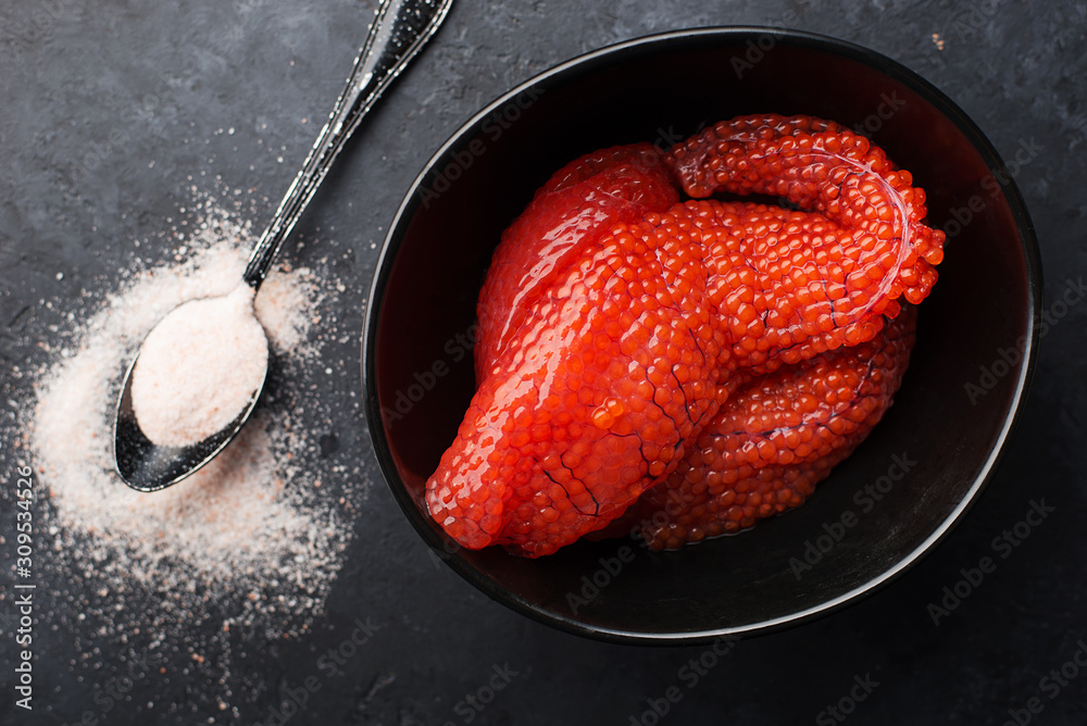 Natural Organic Pure Fresh Red Caviar and Salt. Fresh red caviar of sea ...