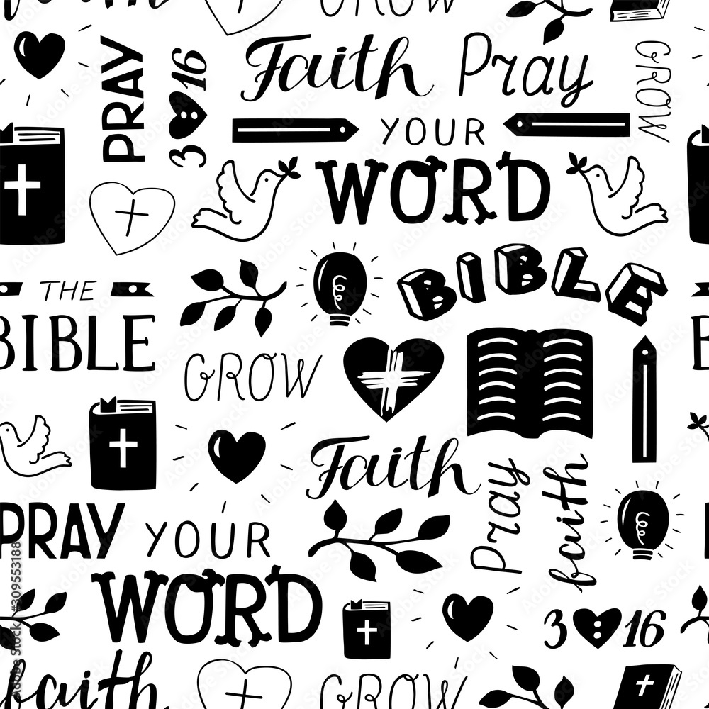Seamless christian pattern with hand lettering words Faith, pray, Bible ...