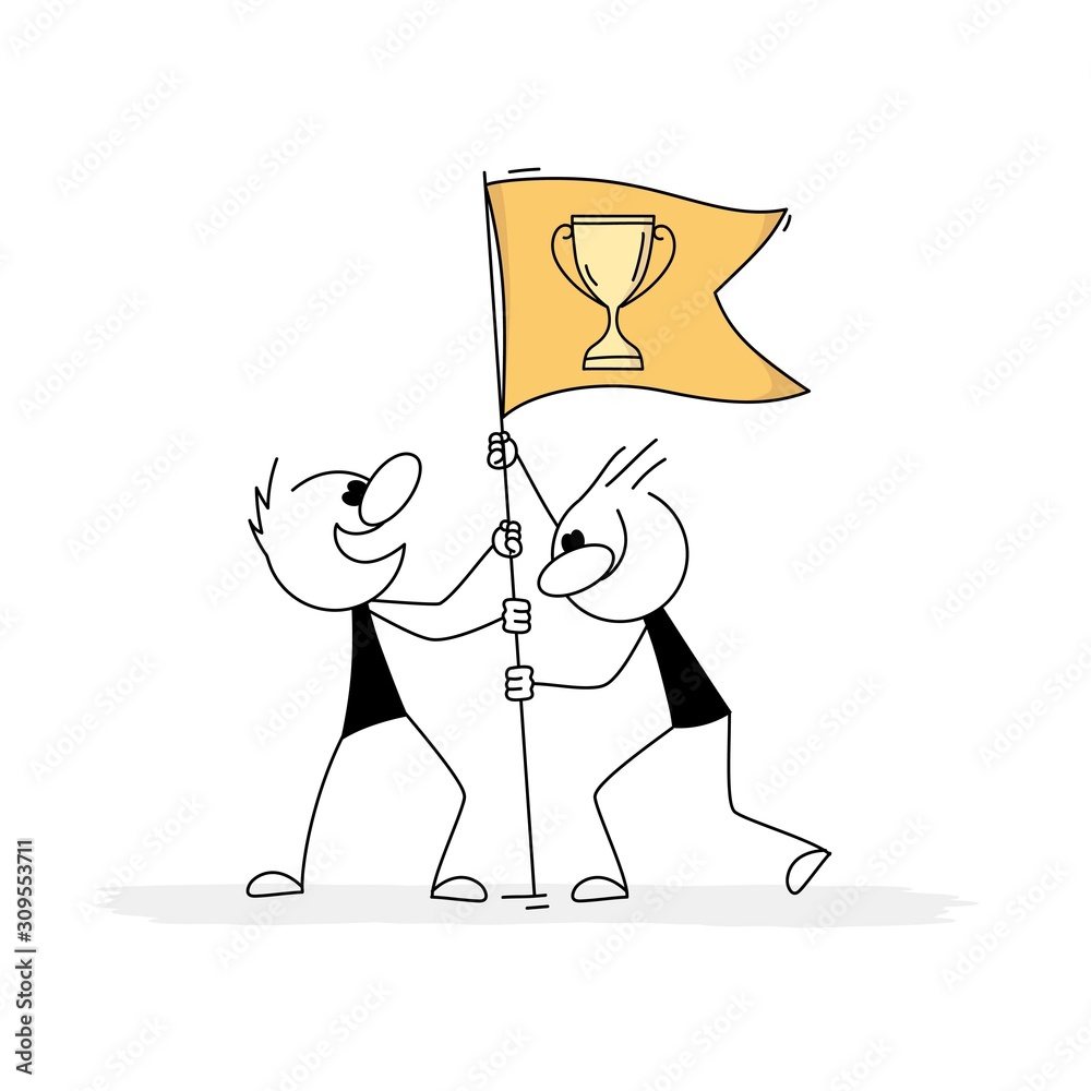 Doodle stick figure: Men install a flag. Stock Vector | Adobe Stock