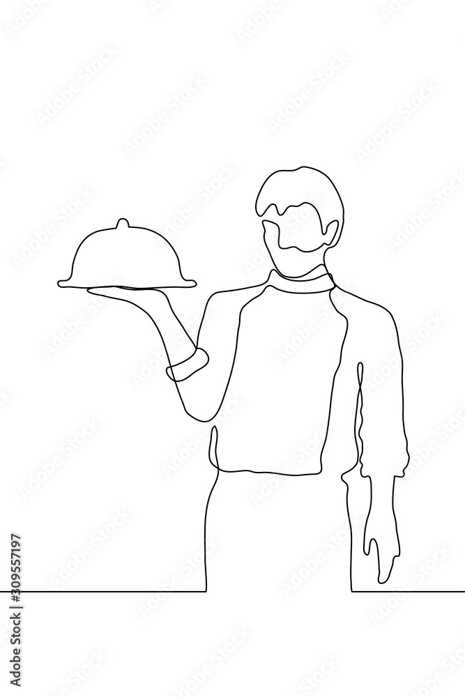 Linear drawing of a standing waiter with a tray with a dish in his ...