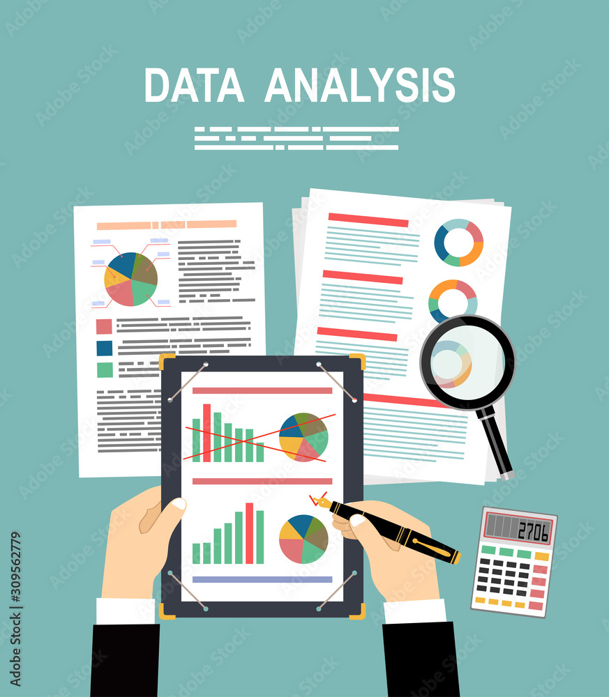 Analyzes data. Analysis concept, flat design. Process research ...