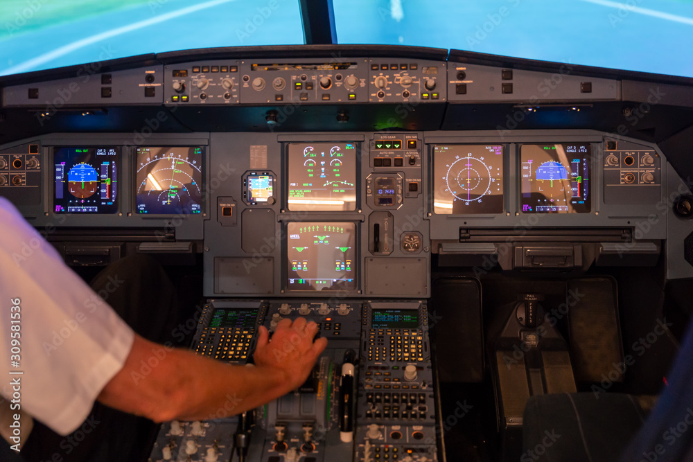 Airplane buttons in the cockpit simulator Stock Photo | Adobe Stock