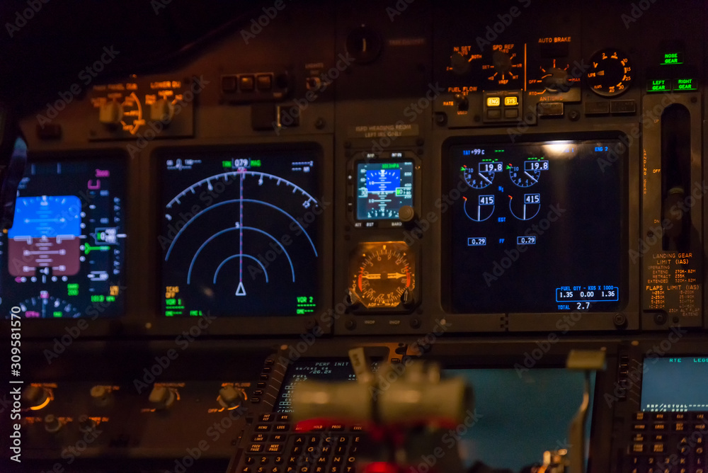 Airplane buttons in the cockpit simulator Stock Photo | Adobe Stock