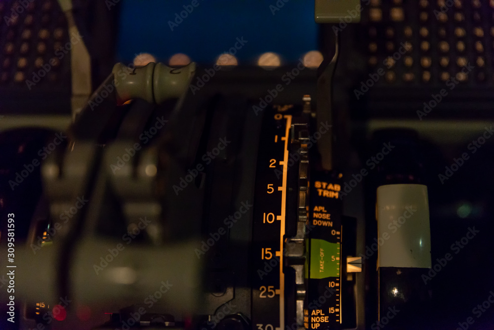 Airplane buttons in the cockpit simulator Stock Photo | Adobe Stock