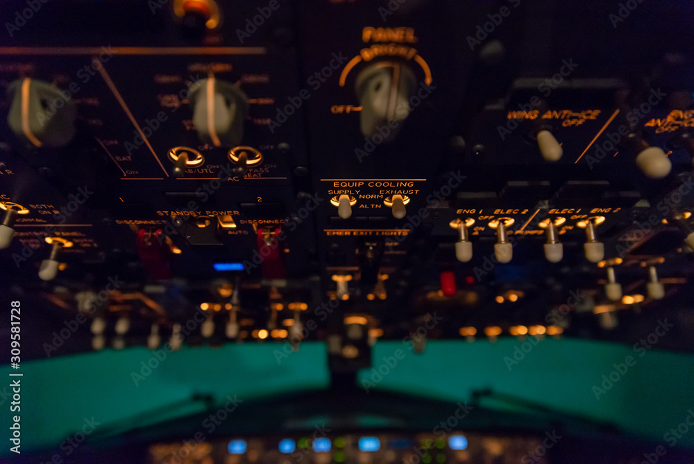 Airplane buttons in the cockpit simulator foto de Stock | Adobe Stock