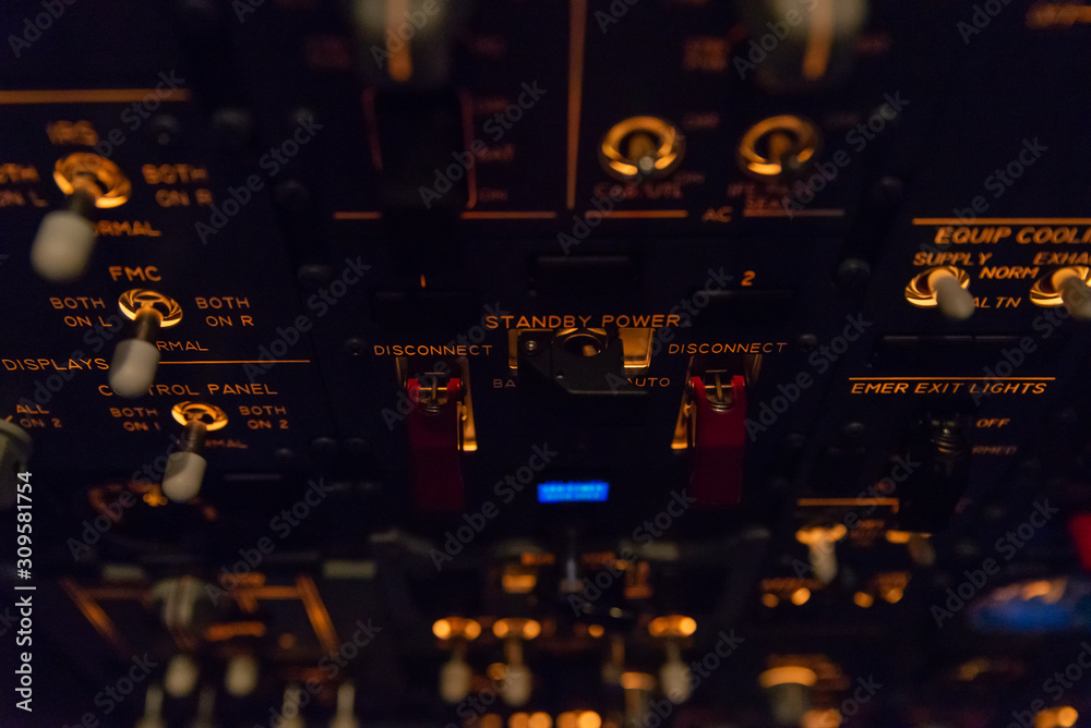 Airplane buttons in the cockpit simulator Stock Photo | Adobe Stock