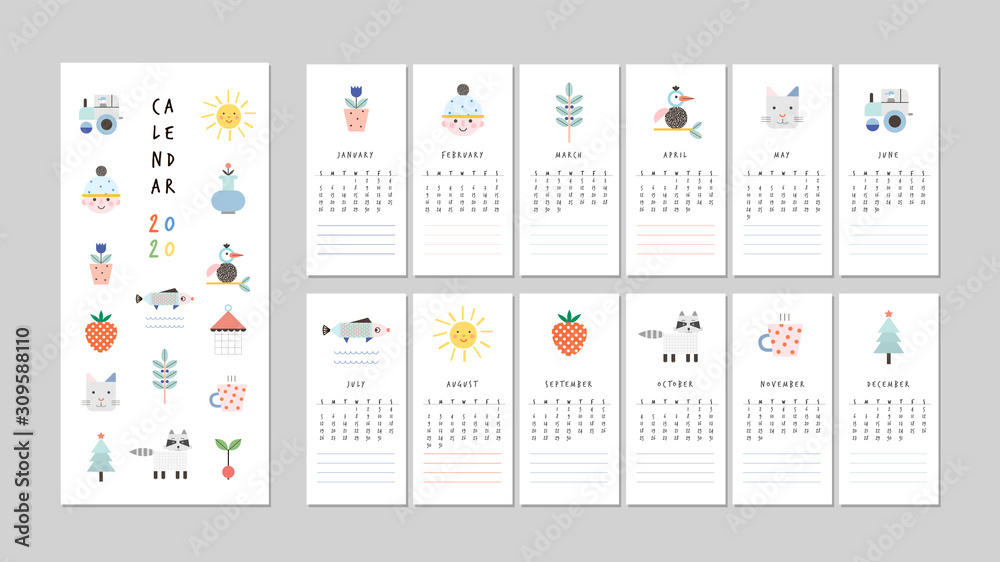 Calendar 2020. Cute printable creative template with fun elements Stock ...