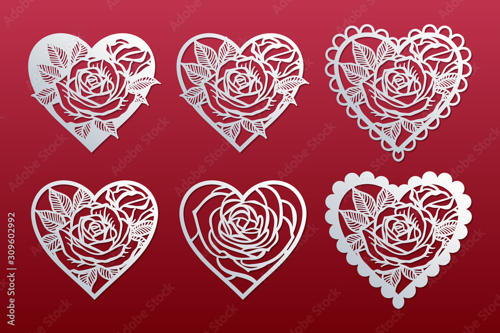 Laser cut hearts set with pattern of roses. Templates for interior ...