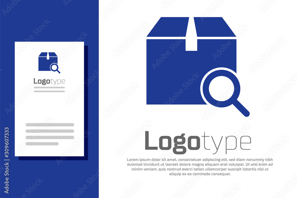 Blue Search package icon isolated on white background. Parcel tracking ...