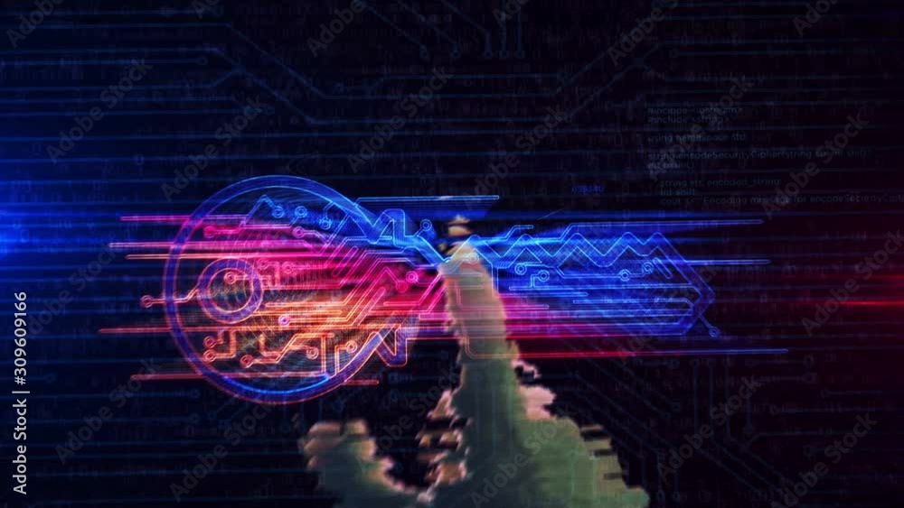 Cyber security with key symbol futuristic 3D rendering animation. Hand ...