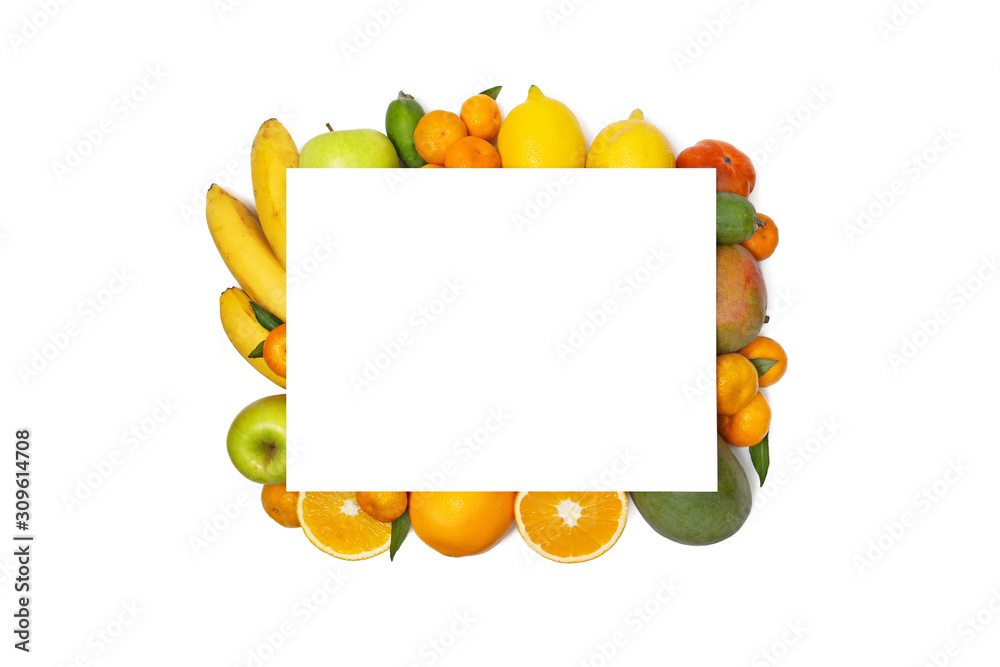 Flat rectangular layout with various fruits on a white isolated ...