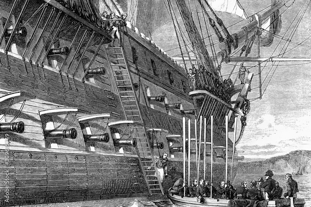 Embark of Napoleon aboard the ship Bellerophon. August 1815. Antique illustration. 1890. Stock ...