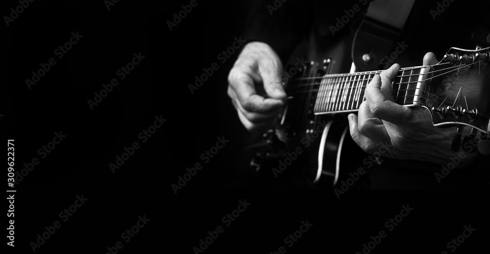 Guitarist Hands And Guitar Close Up Playing Electric Guitar Black And