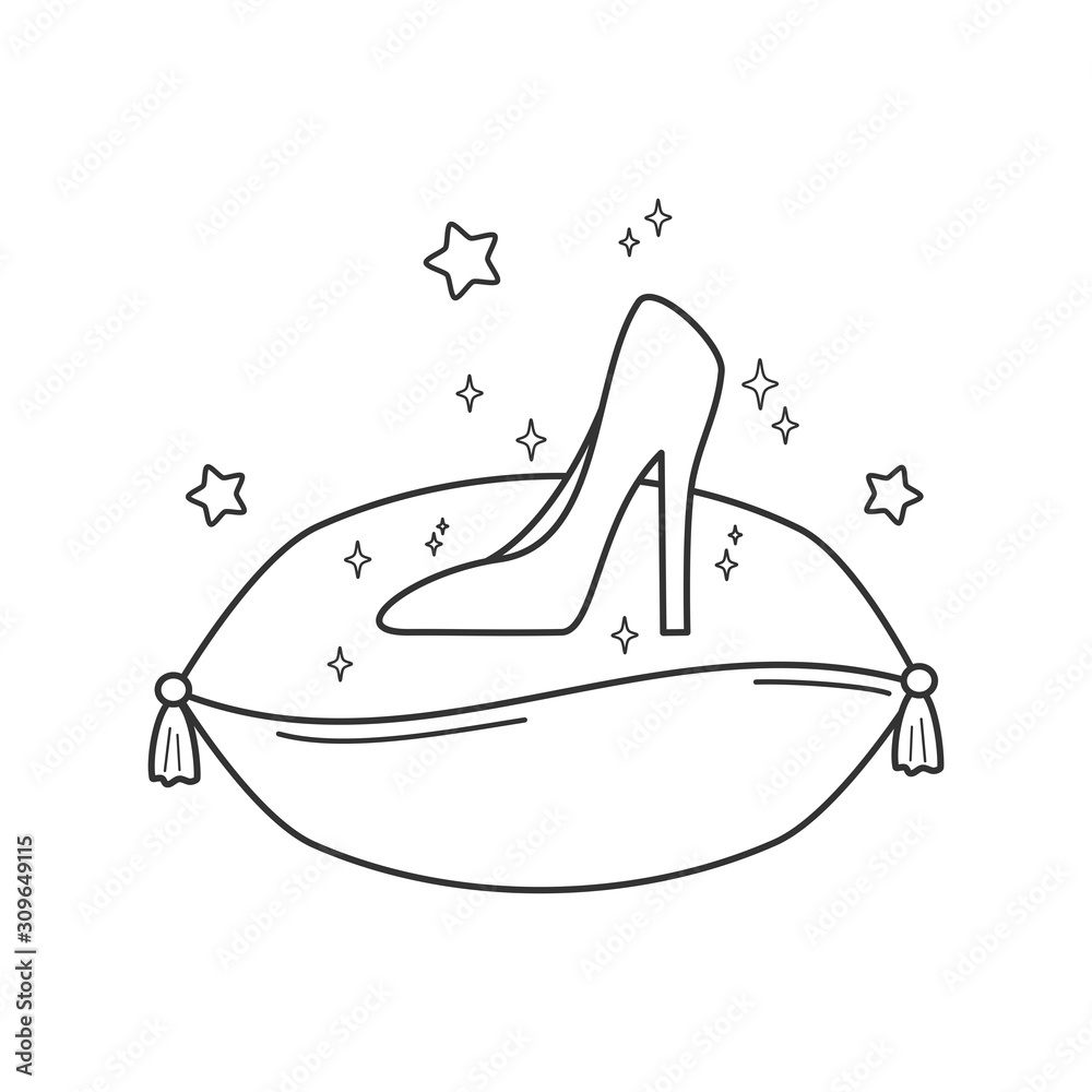 cute cartoon black and white princess crystal shoe on pillow vector ...