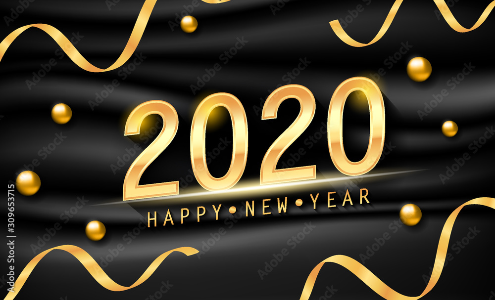 Golden 2020 numbers with gold confetti ribbon and golden ball isolated ...