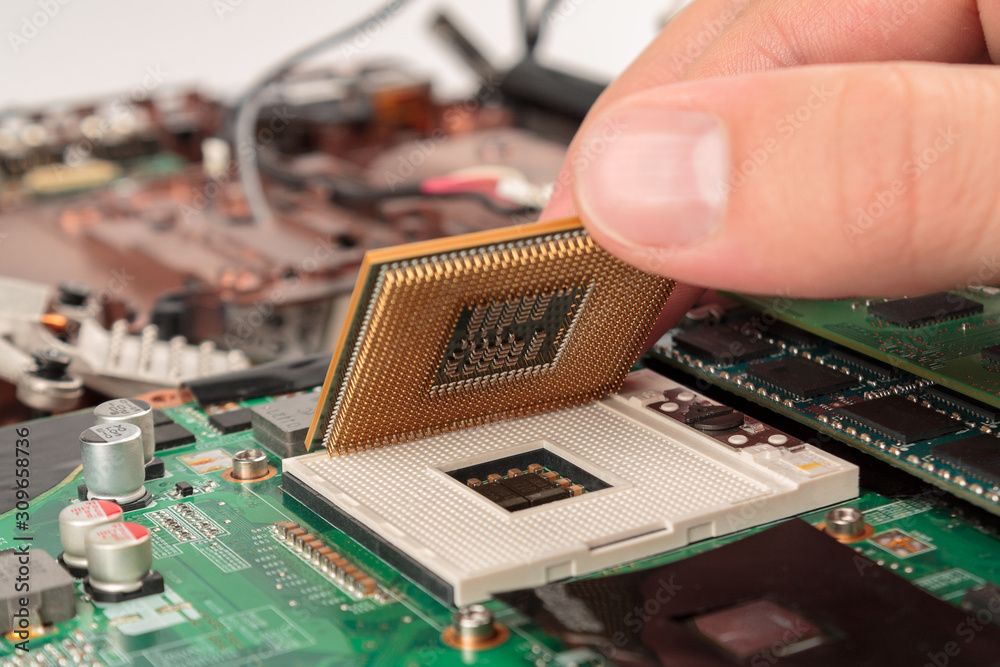 computer CPU close-up on the motherboard background, socket of central ...