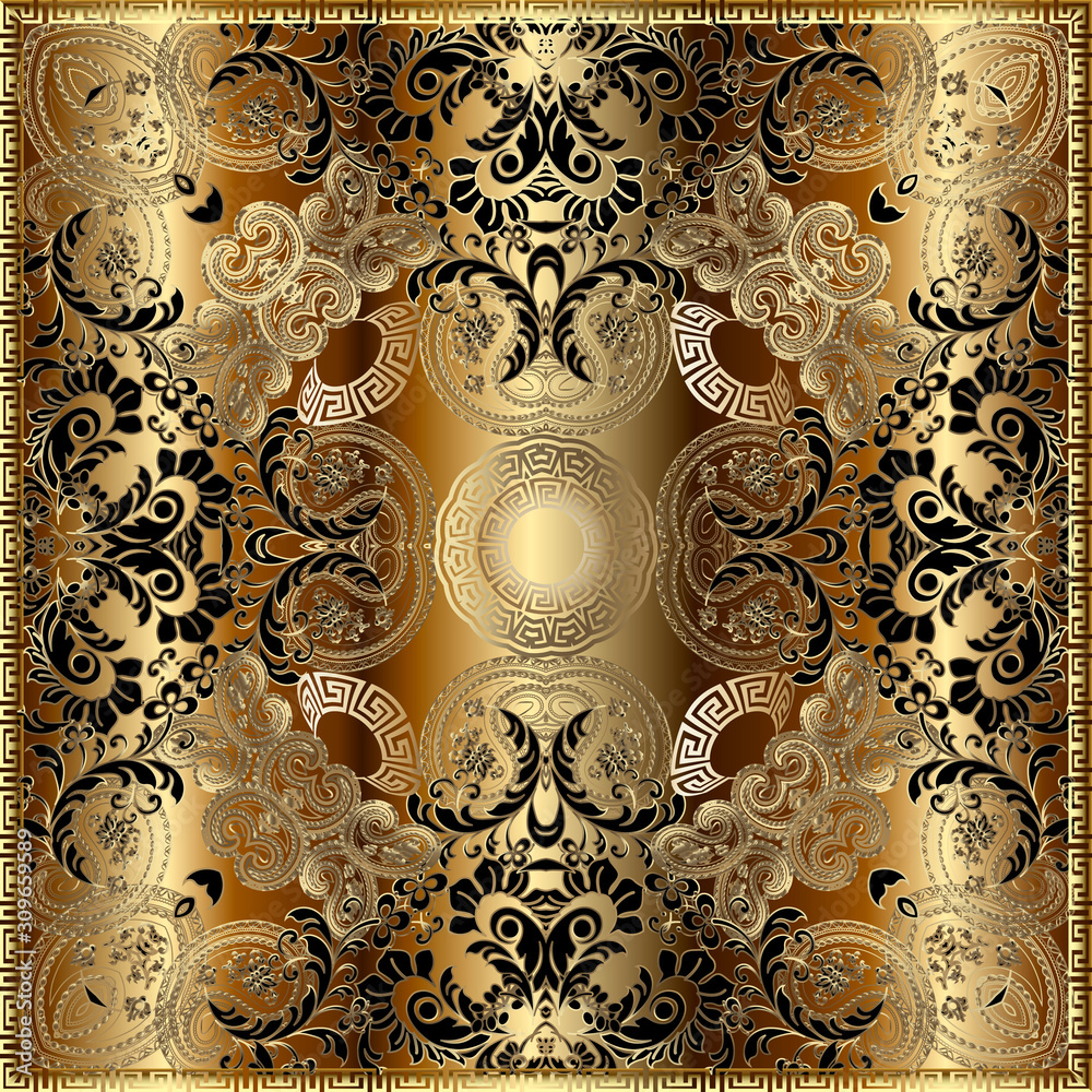 Gold 3d Paisley vector seamless pattern. Surface golden floral greek ...