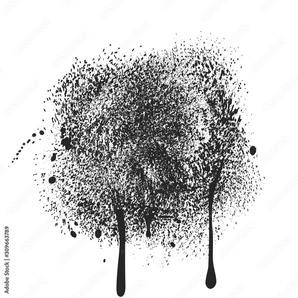 Black ink splatters and drips. Abstract black dust of round shape ...