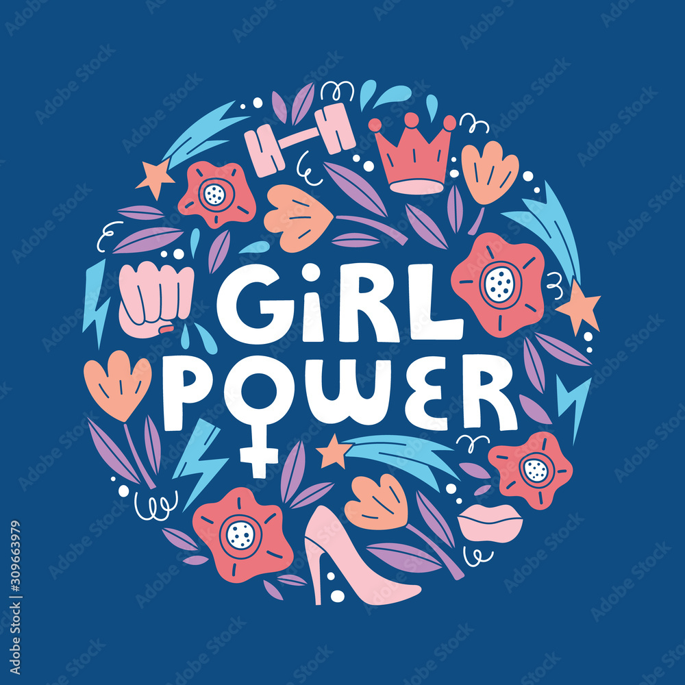 Girl power- vector hand drawn lettering with female symbols in doodle ...