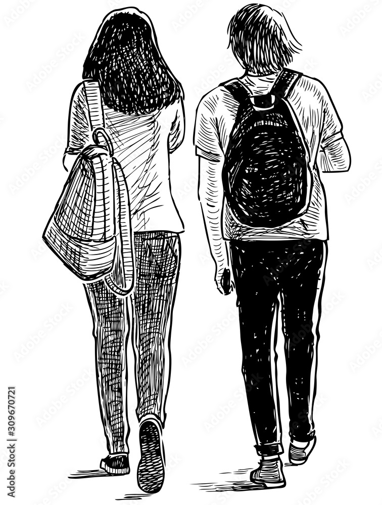 Friends Walking Together Drawing