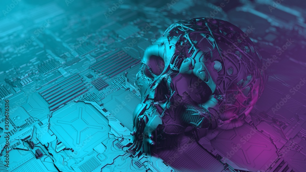 Alien technology with human skull. Mystical lights on a Science fiction ...