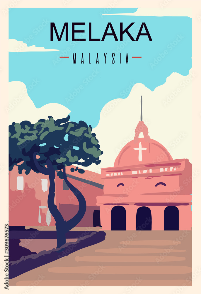 Melaka retro poster. Melaka travel illustration. States of Malaysia ...