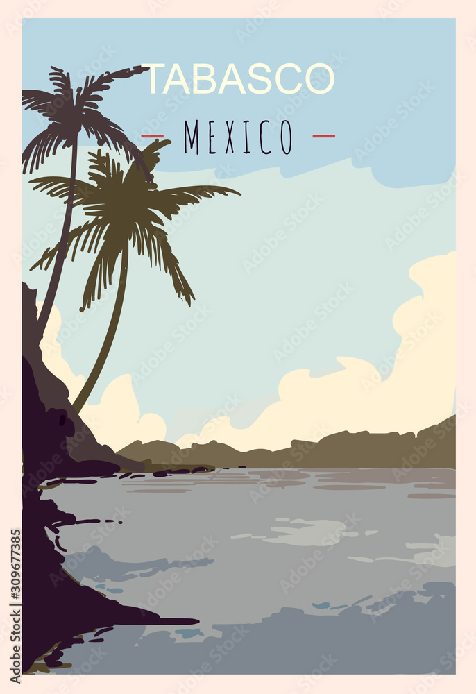 Tabasco retro poster. Tabasco travel illustration. States of Mexico ...