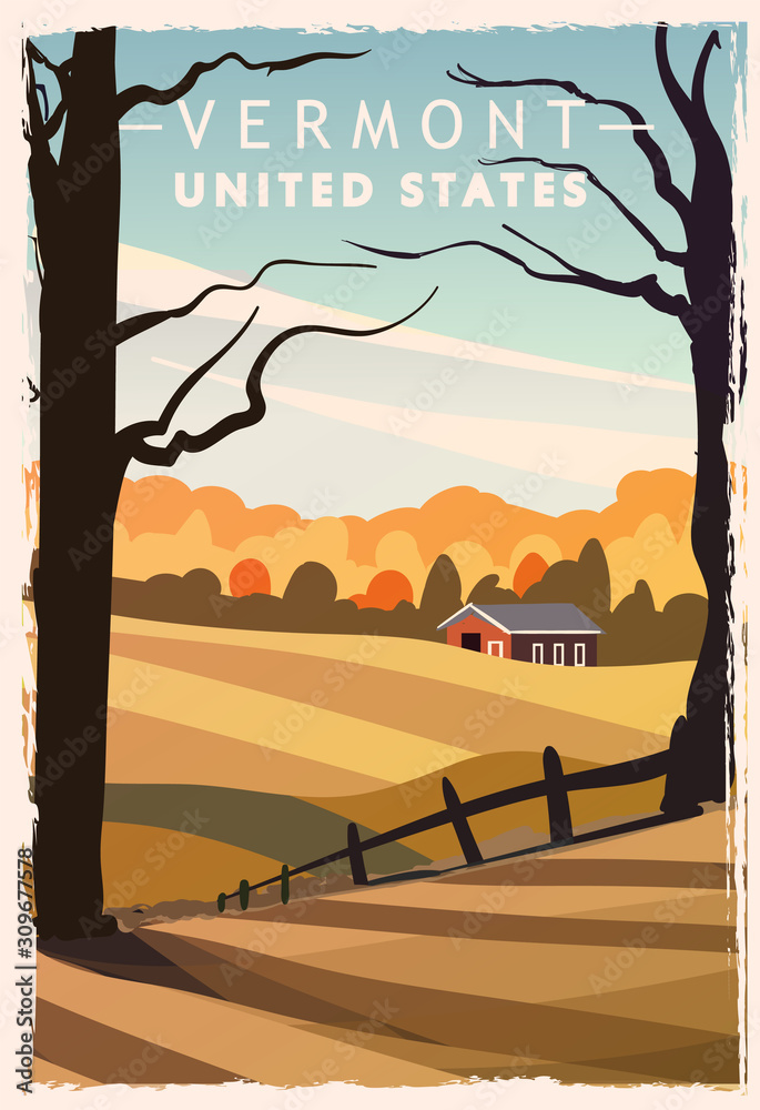 Vermont retro poster. USA Vermont travel illustration. United States of ...